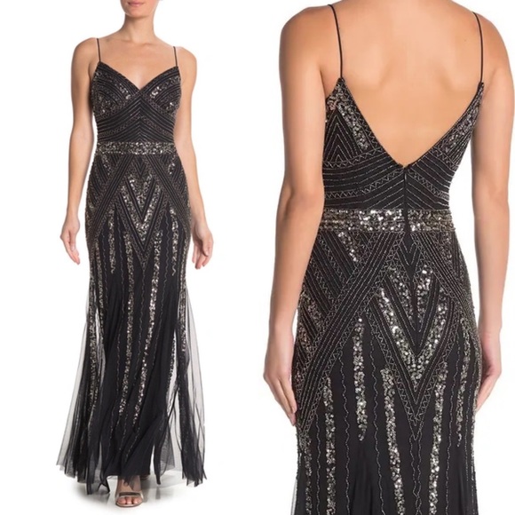 MARINA | Dresses | Marina Beaded Gown In Gun Sequin Tulle Aline Vneck ...